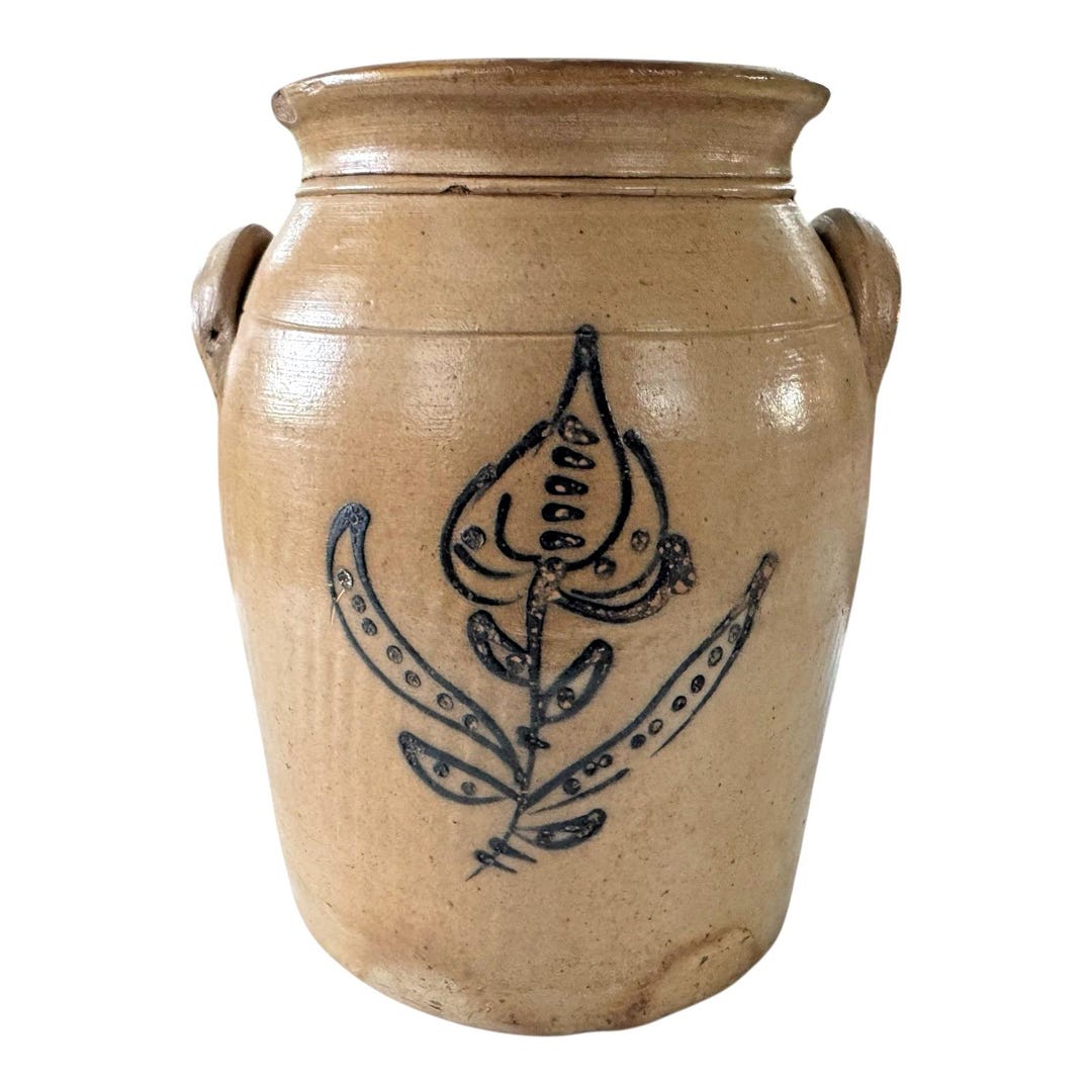 Antique Americana Folk Art Stoneware Crock With Cobalt Blue Floral ...