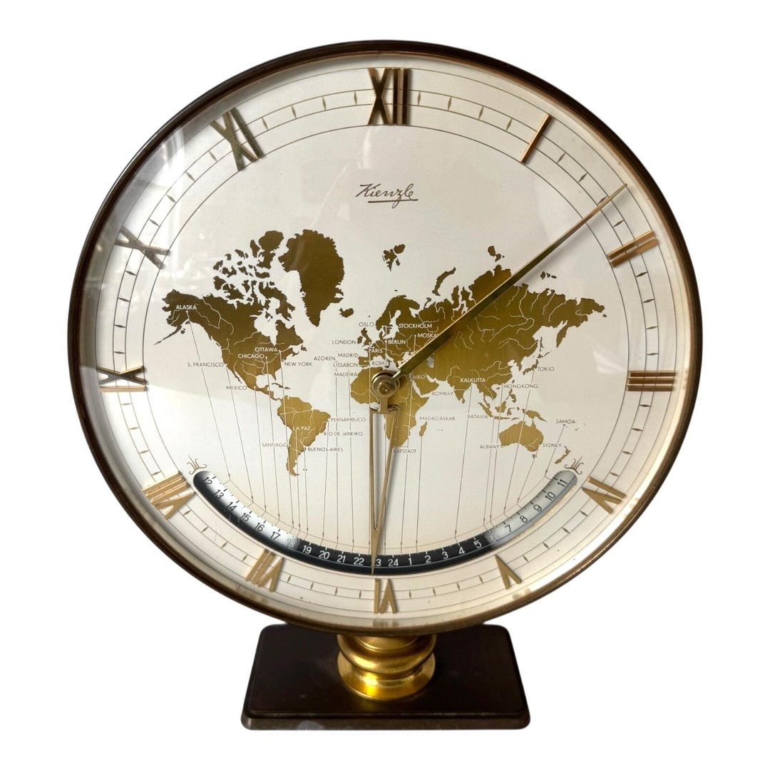 Vintage 1950s Kienzle "world Time" Desk Clock With Mid-century Brass ...