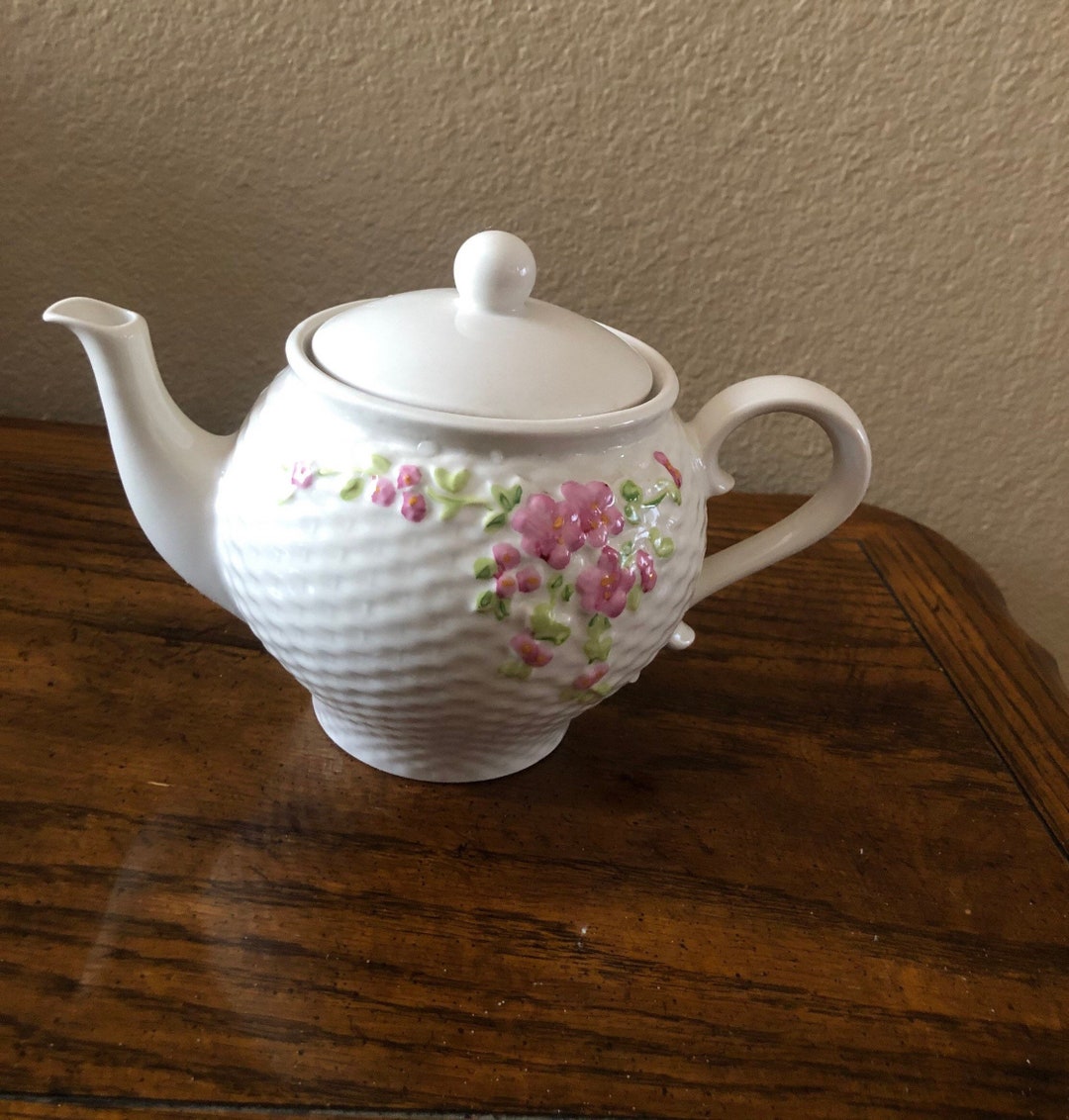 Vintage Teleflora Ceramic Teapot, Pink Flower Basket Weave Design - Etsy