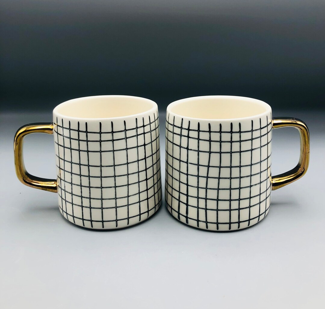 Geometric Ceramic Mugs With Gold Handle Set of Two - Etsy