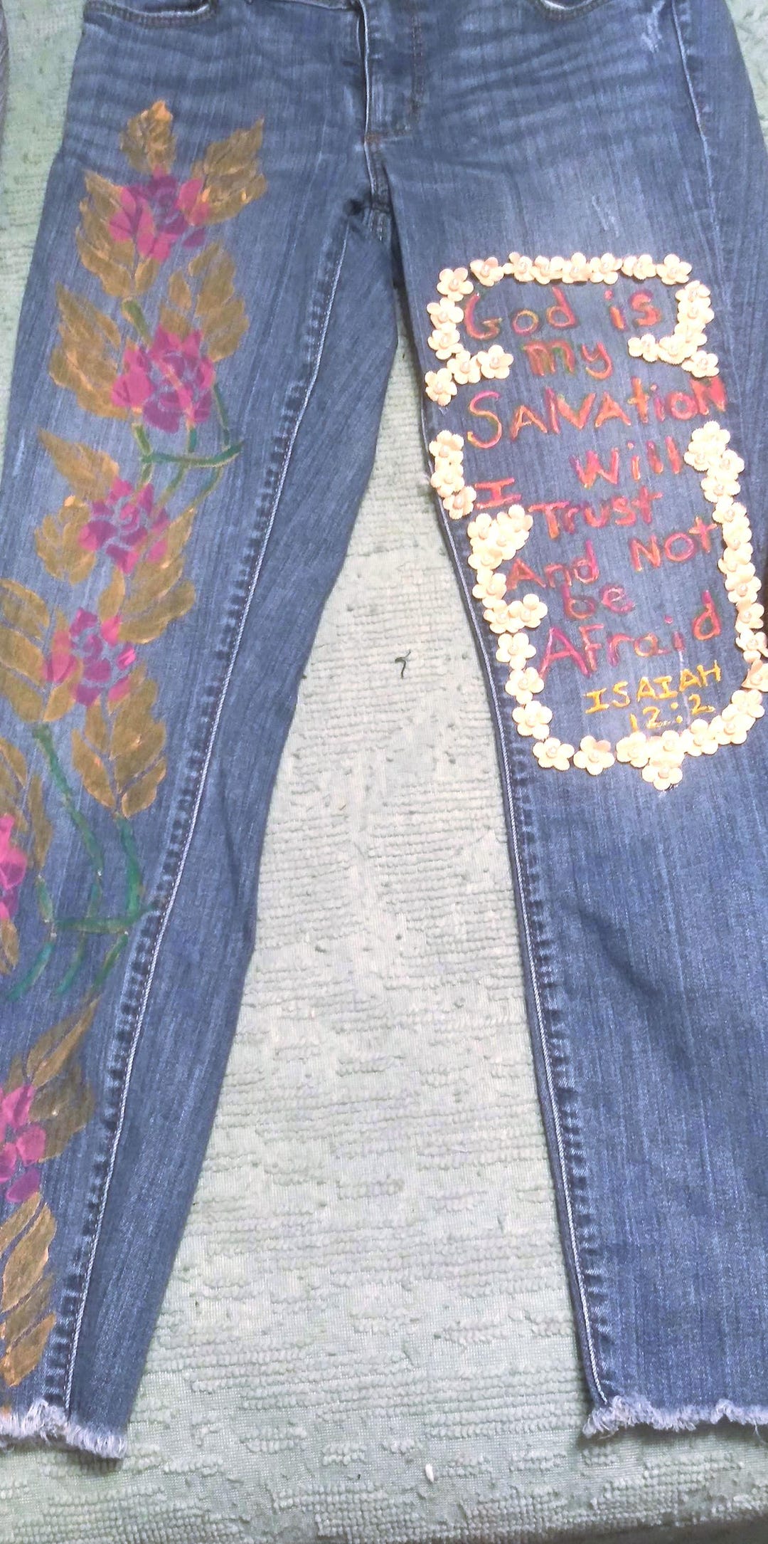 Pink Flower Embellished Women's Handpainted Christian Jeans. Size 2 ...