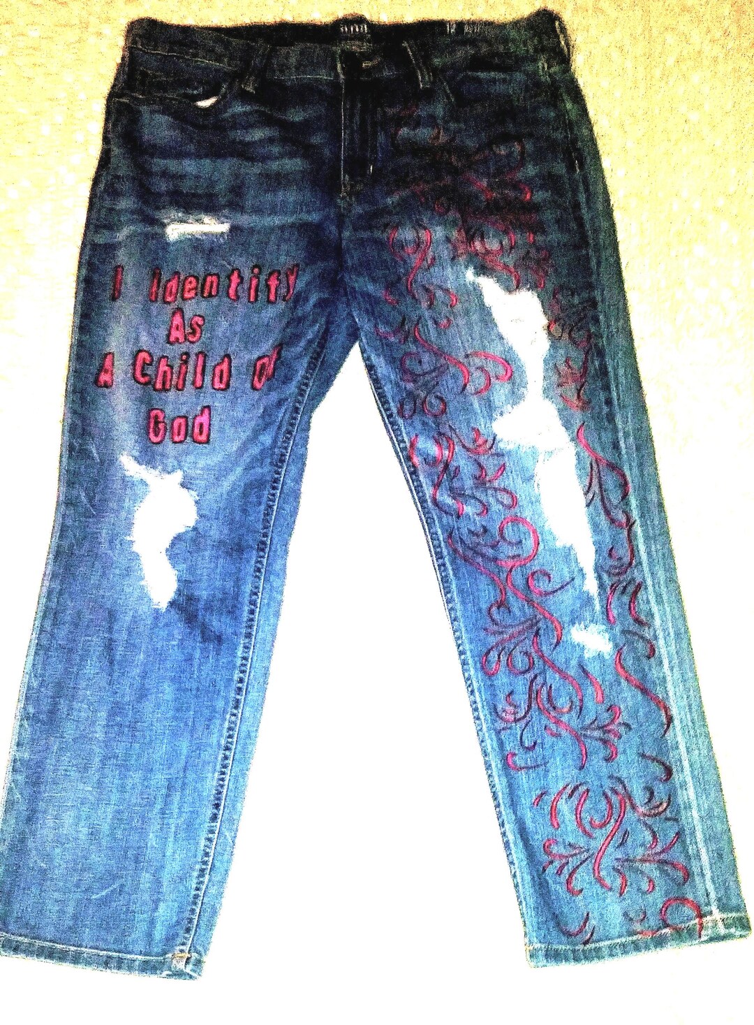 Ripped Painted Women's Handpainted Christian Jeans. Size 12 . I ...