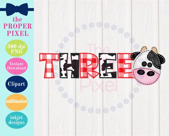 Stitched Cow Three in Cow Print & Red Gingham Design, Cow Birthday ...