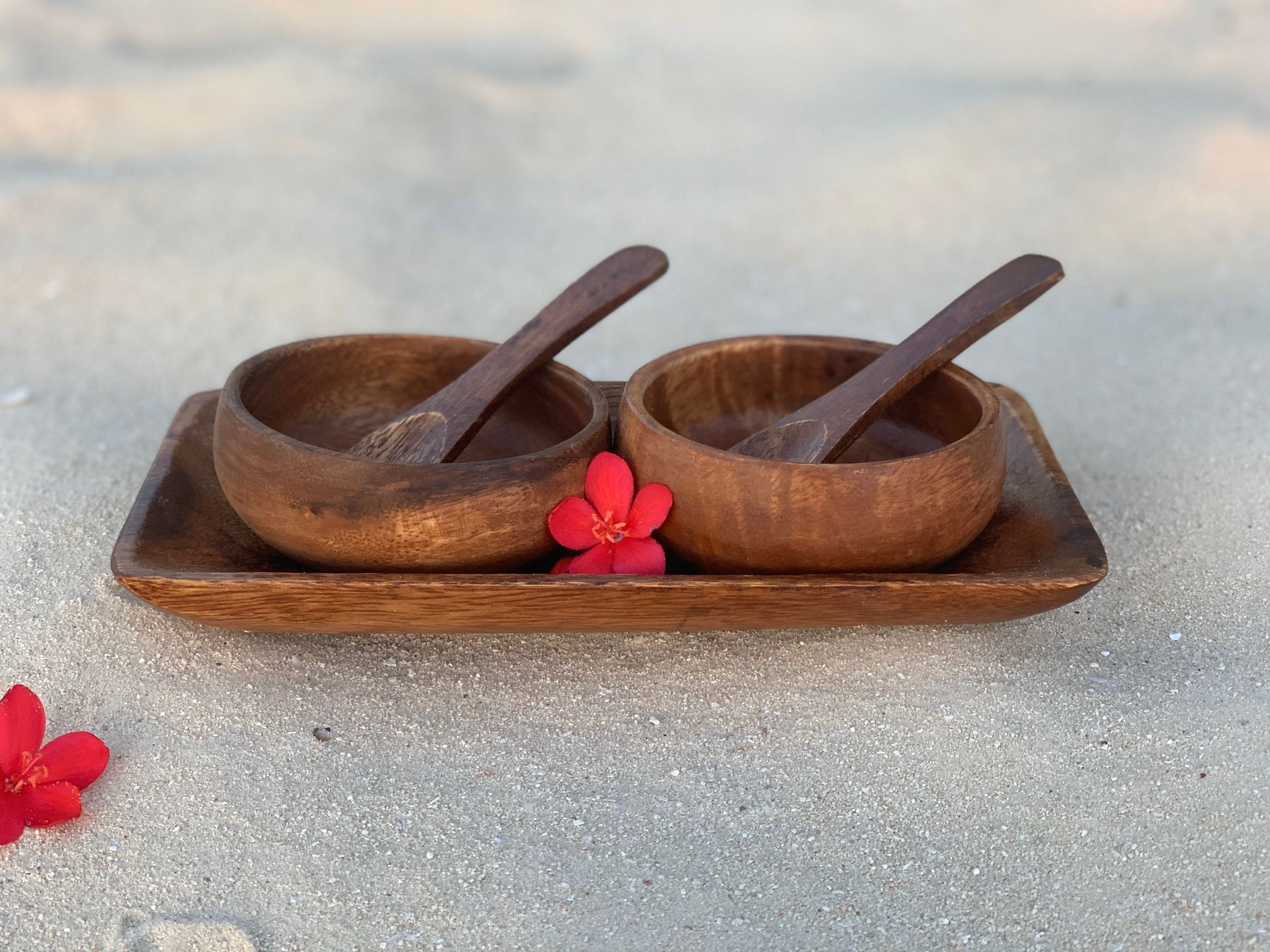 Set of 5 Handmade Acacia Wood Round Calabash Bowls With Tray | Etsy