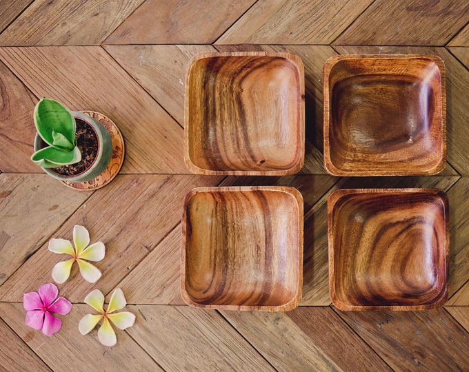 Set of 4 Handmade Acacia Wood Square Shaped Bowls Wooden - Etsy