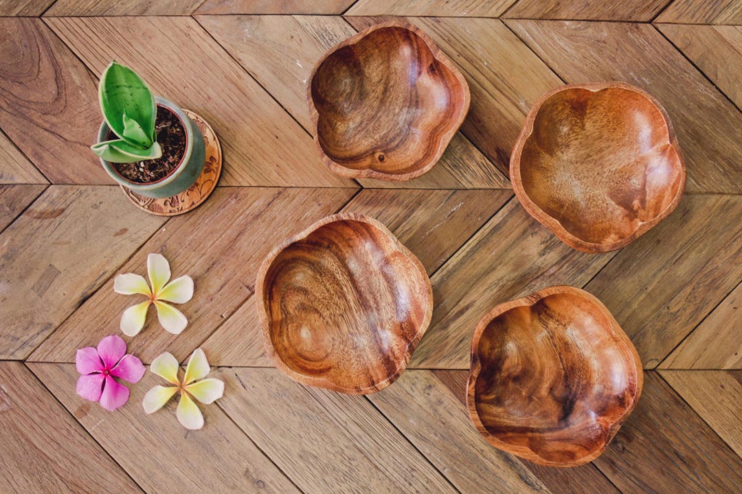 Set of 4 Handmade Acacia Wood Flower Shaped Bowls | Wooden Serving Set ...