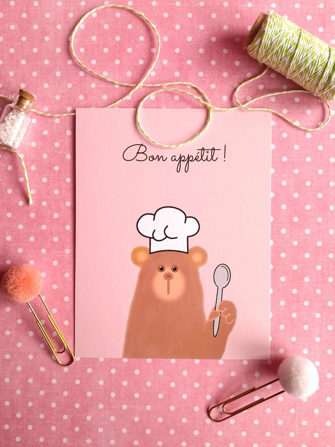 Bon Appetit Card, Bear Chef Card, Kitchen Postcard, Bear With a Hat ...