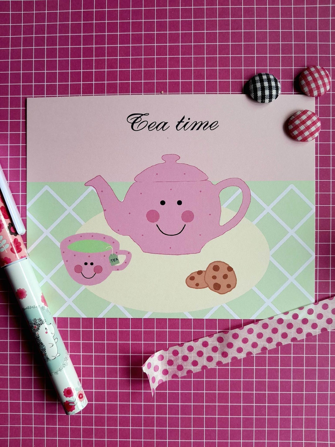 Tea Time Card, Cute Kawaii Card for Tea Lovers, Tea and Biscuits ...
