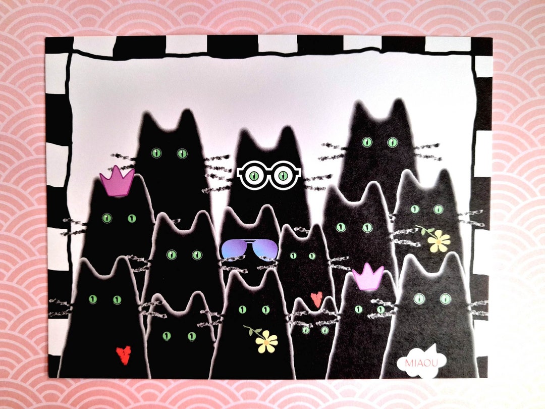 Black Cats Card, Black Cats Illustration, Family Portrait Postcard ...