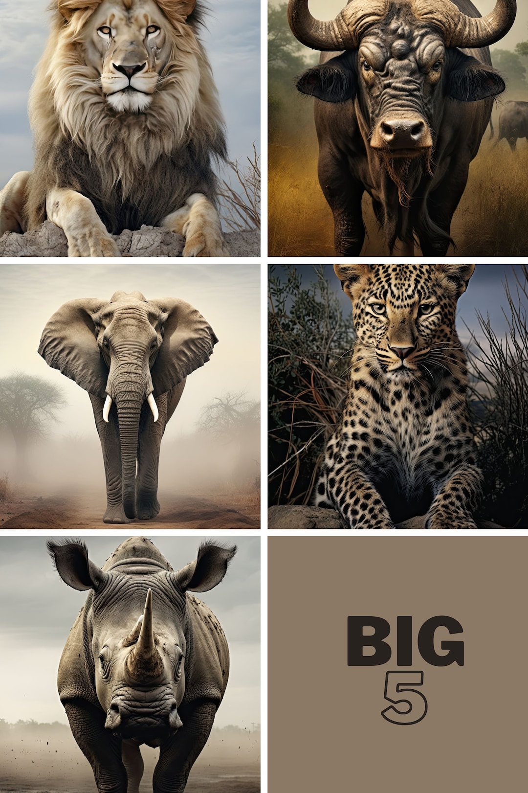 Big 5 African Animals | Colour | Digital Print | Lion | Buffalo | Elephant | Leopard | Rhino - Etsy