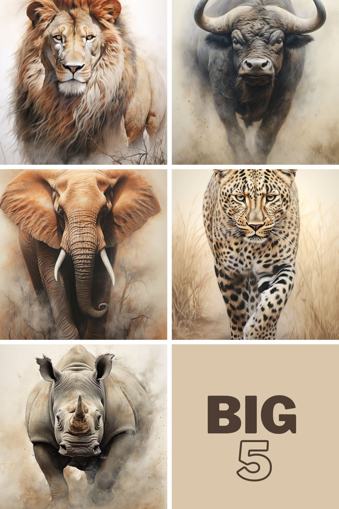 Big 5 African Animals | Abstract Pencil Sketch | Digital Print | Lion ...