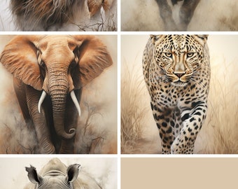 Big 5 African Animals | Black and White | Digital Print | Lion | Buffalo | Elephant | Leopard ...