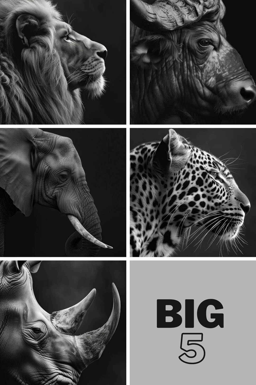 Big 5 African Animals Side | Monochrome | Digital Print | Lion | Buffalo | Elephant | Leopard ...