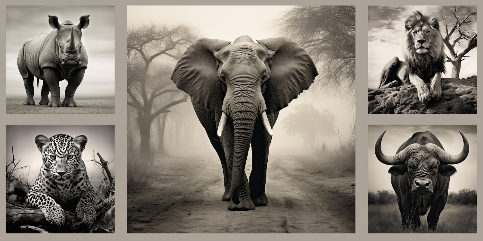 Big 5 African Animals | Black and White | Digital Print | Lion | Buffalo | Elephant | Leopard ...