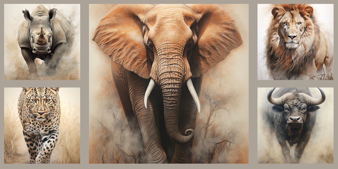 Big 5 African Animals Abstract Pencil Sketch Digital Print Lion Buffalo Elephant Leopard Rhino ...