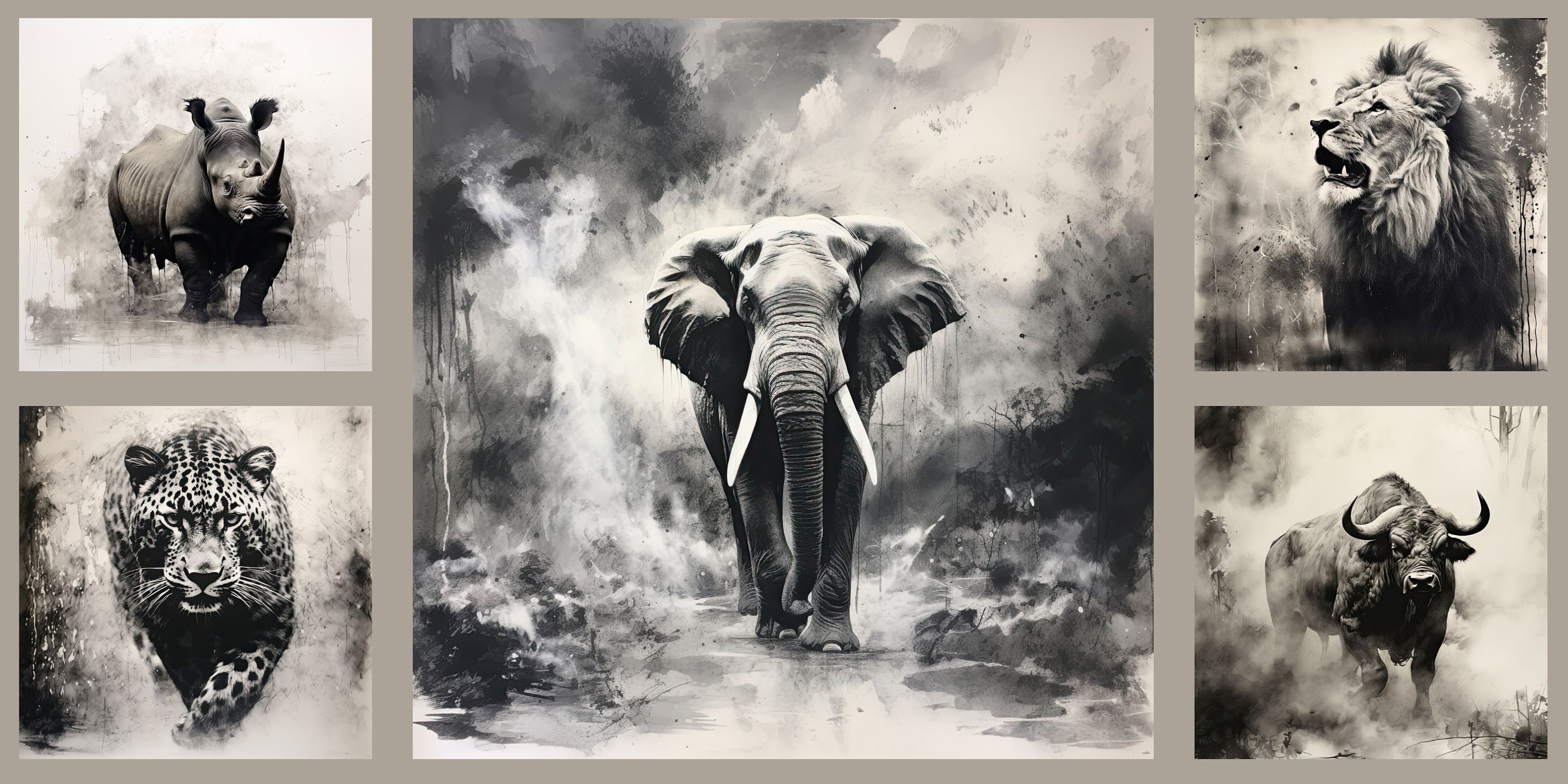 Big 5 African Animals Black and White Digital Print Lion Buffalo Elephant Leopard Rhino - Etsy