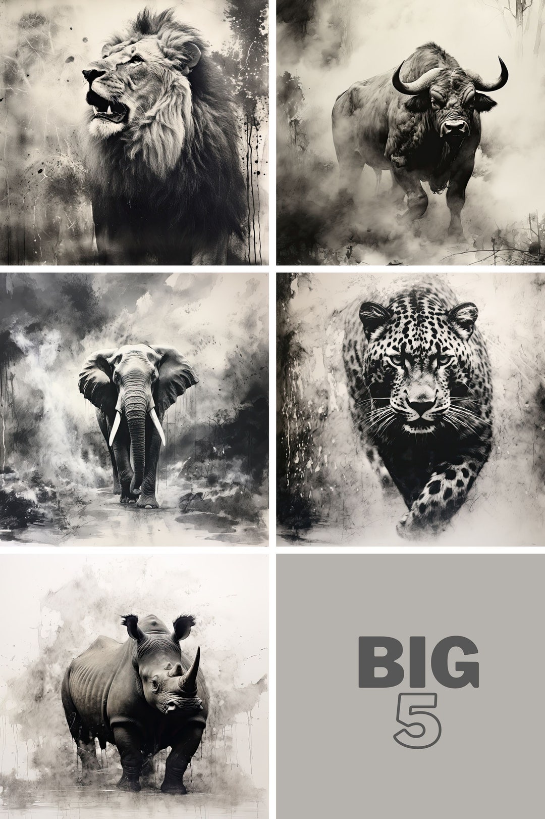 Big 5 African Animals | Black and White | Digital Print | Lion ...