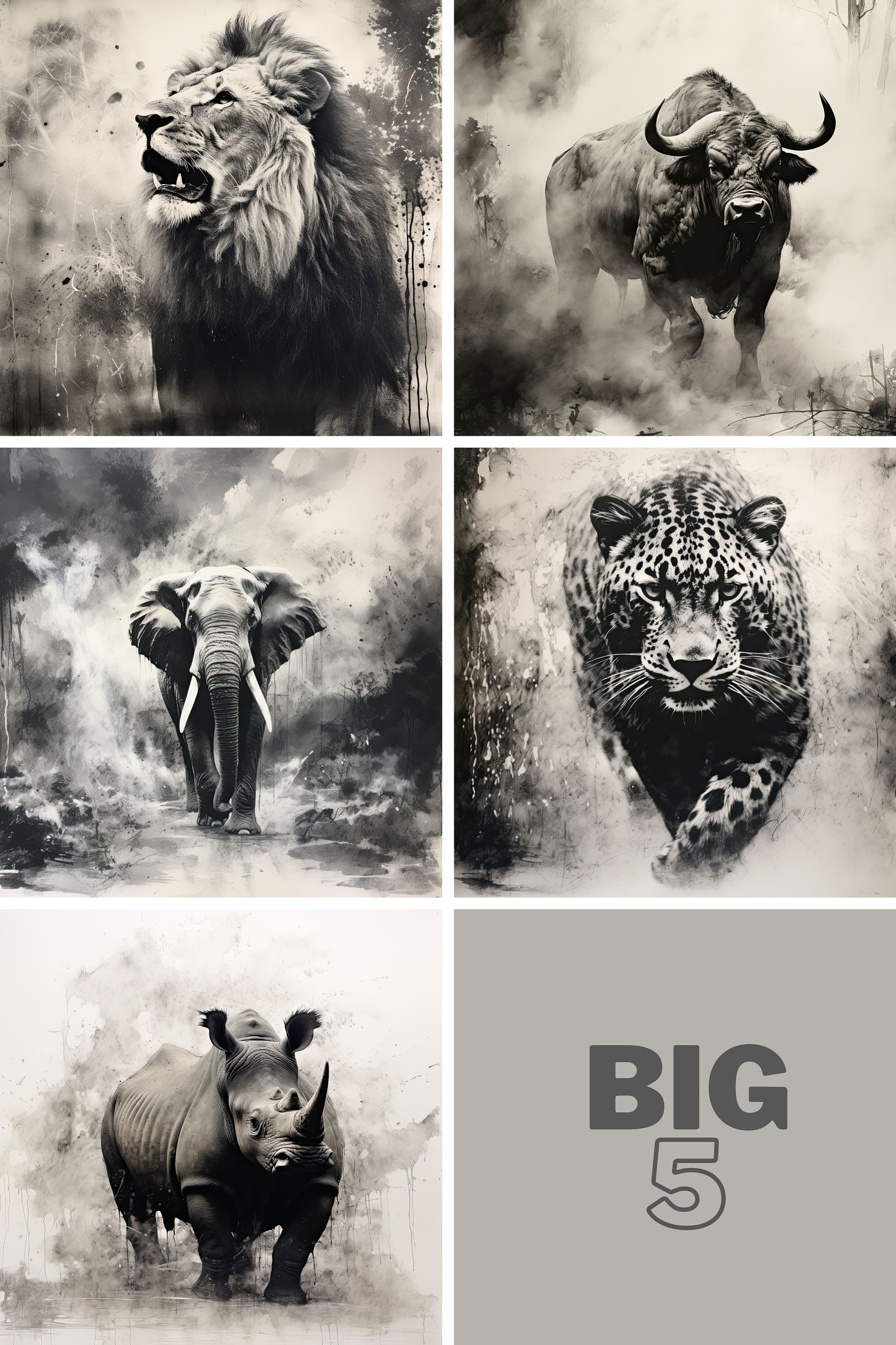 Big 5 African Animals Black and White Digital Print Lion Buffalo Elephant Leopard Rhino - Etsy