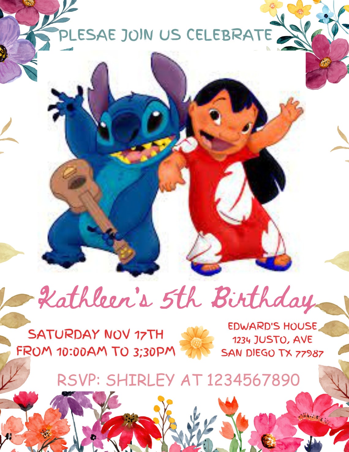Editable Lilo and Stitch Birthday Invitation Personalized Kids Birthday ...