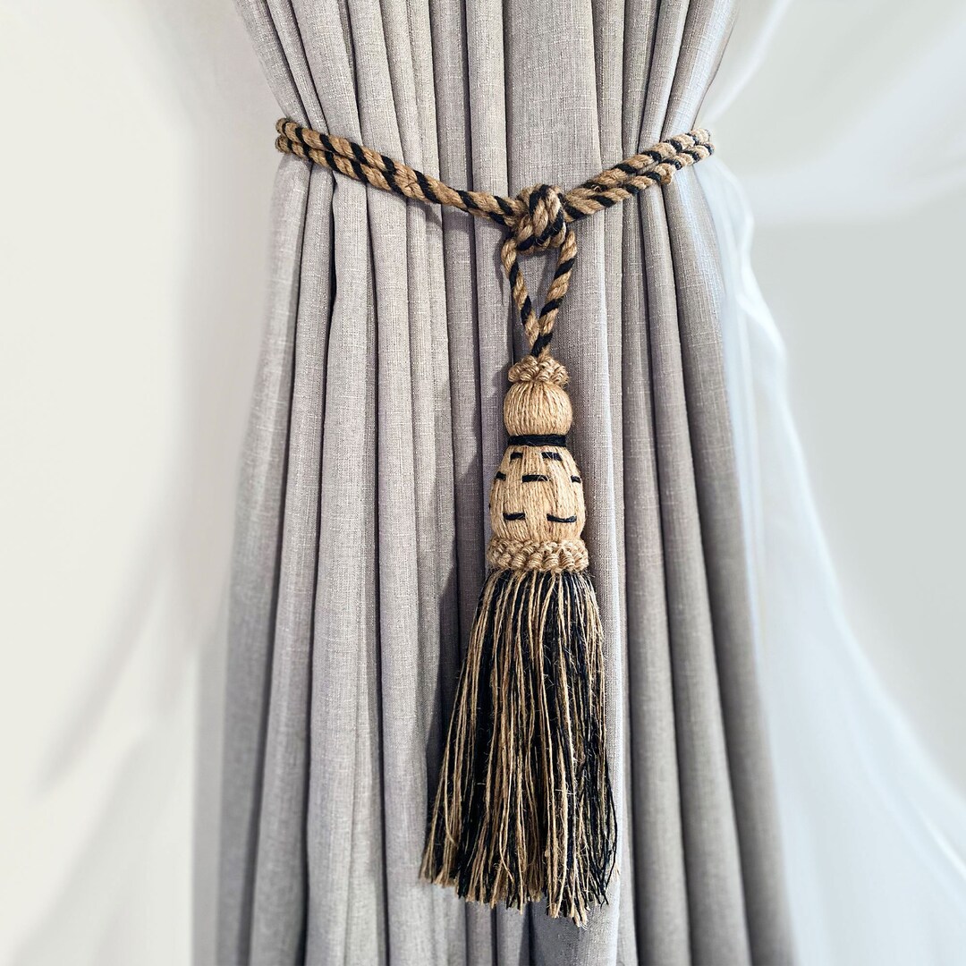 Natural and Black Jute Bell Curtain Tie Back, Bohemian Chic Curtain Tie ...