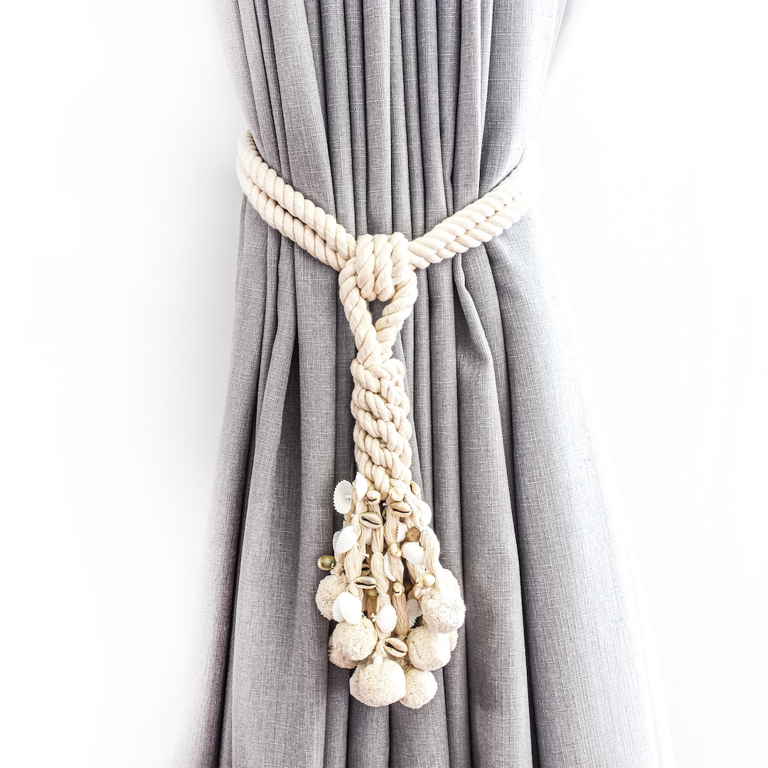 Shell and Pompom Cotton Curtain Tie Back, Sea Shell Curtain Tie Back ...