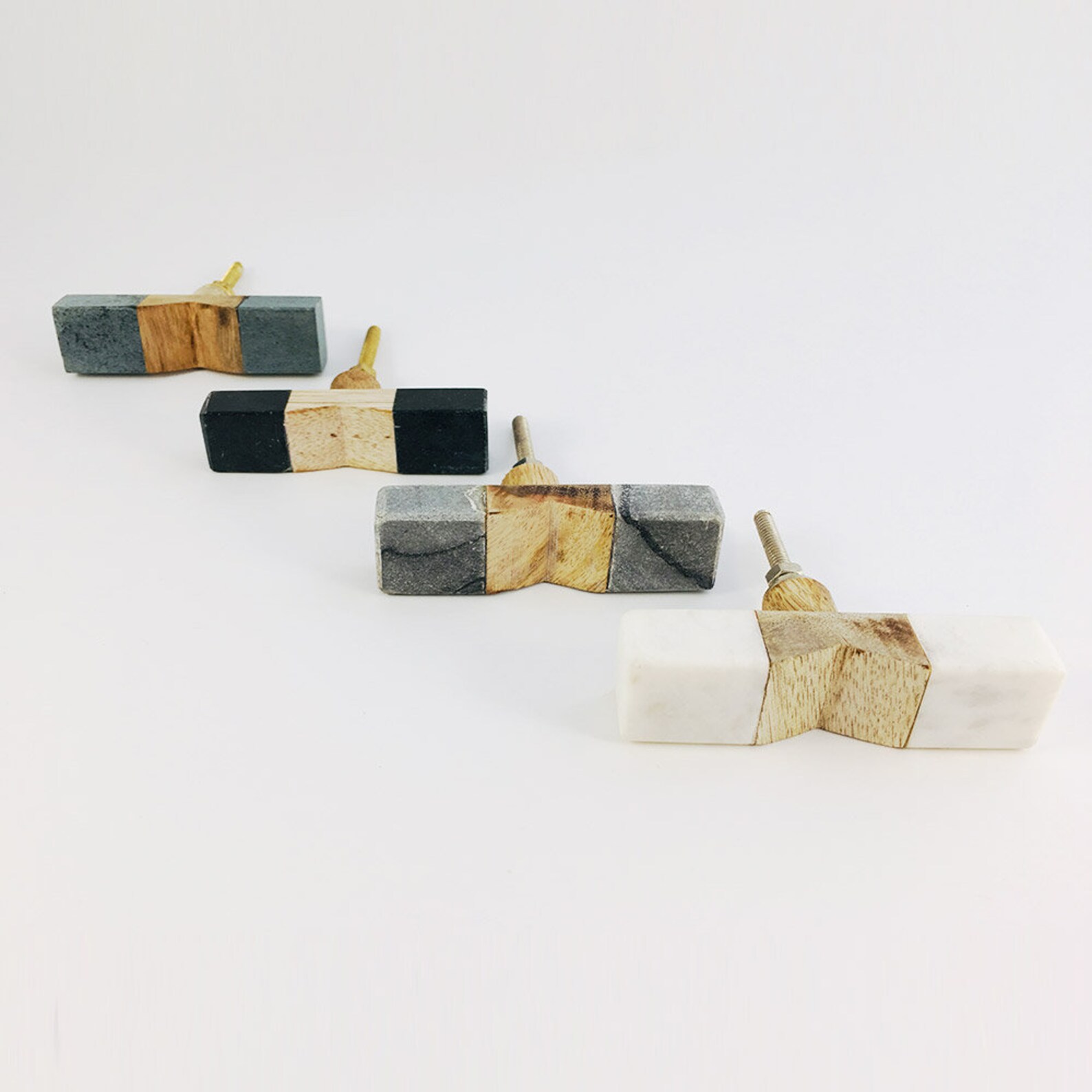 Wedged Grey Marble and Wood Pull Bar, Wooden & Marble Cabinet Knob ...