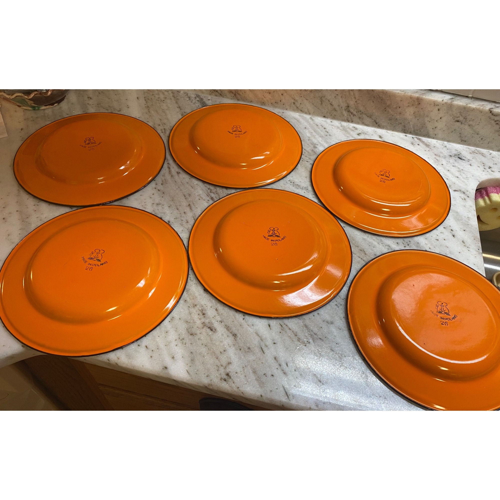 Set of 6 Mid-century Modern ORANGE Metal Enamelware Dinner Plates Made ...