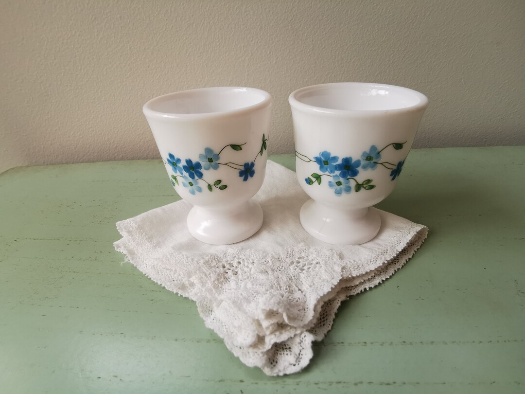 2 Arcopal Egg Cups Opal Glass Vintage Blue Flowers - Etsy