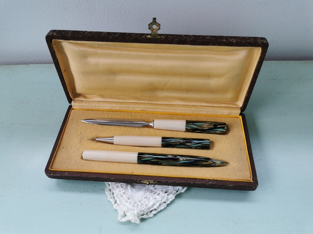 Art Deco Writing Set in Brass and Vintage Cream, Black, Green and Brown ...