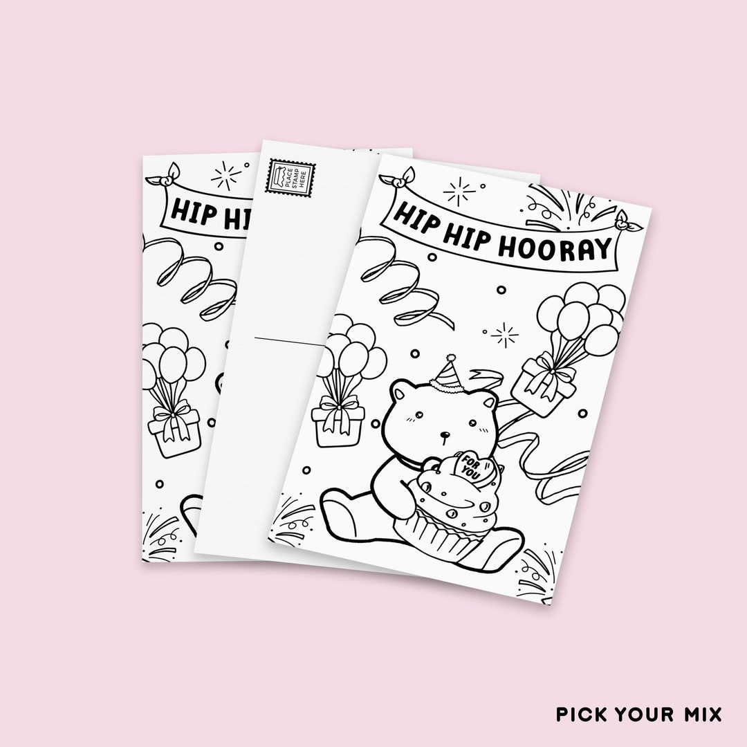 2 of Hip Hip Hooray Birthday Colouring Postcard - Etsy