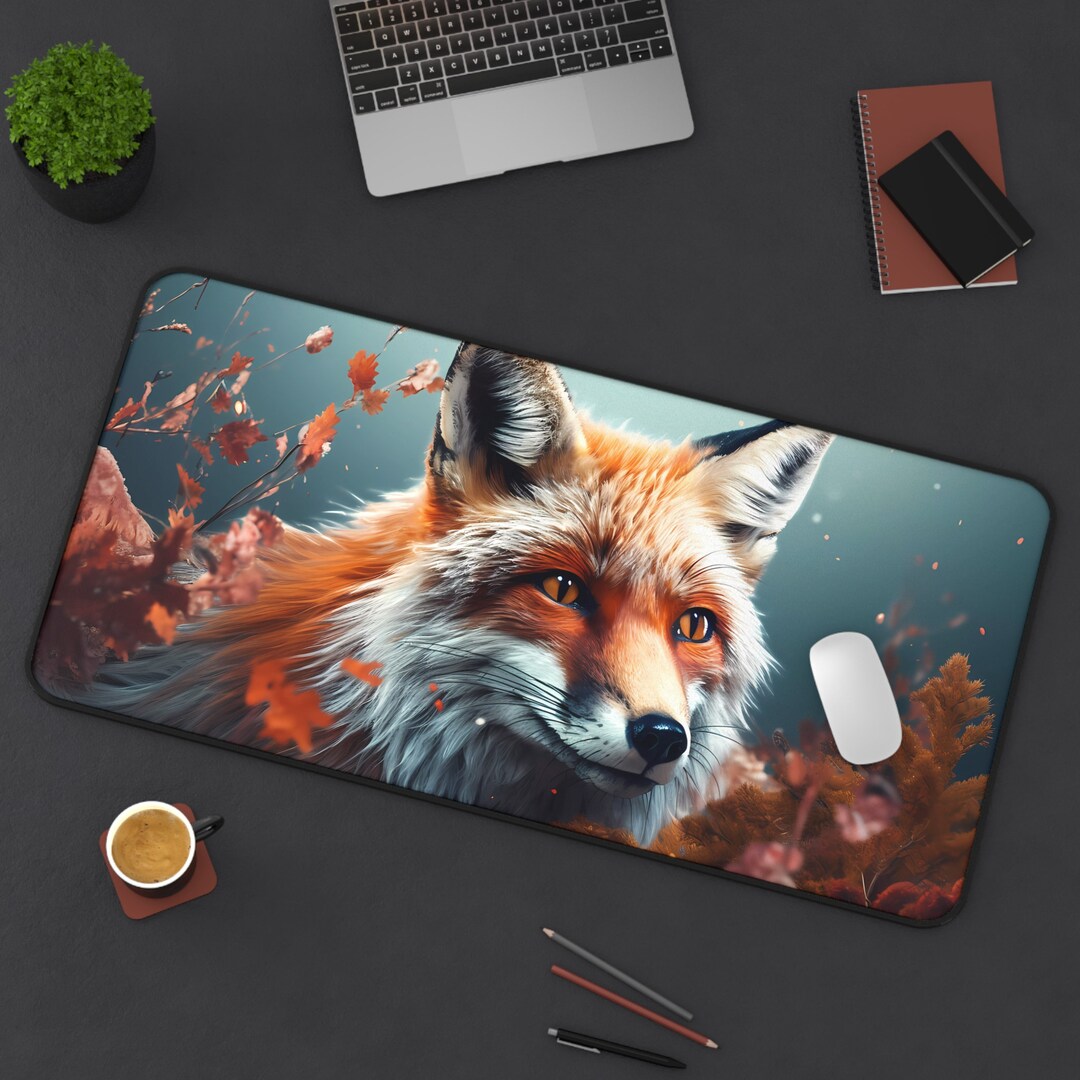 Large Desk Mat With Red Fox Design Botanical Aesthetic - Etsy