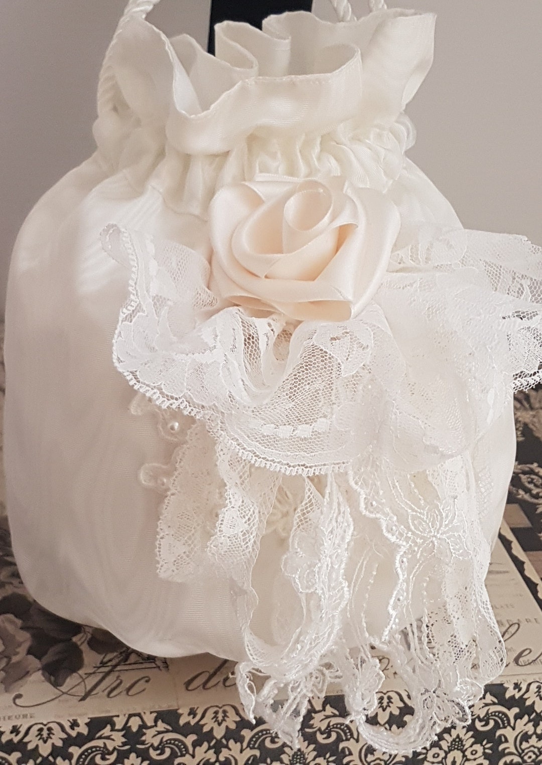 A Drawstring Bag, Romantic Style Bridal Purse, Decorated With Laces ...