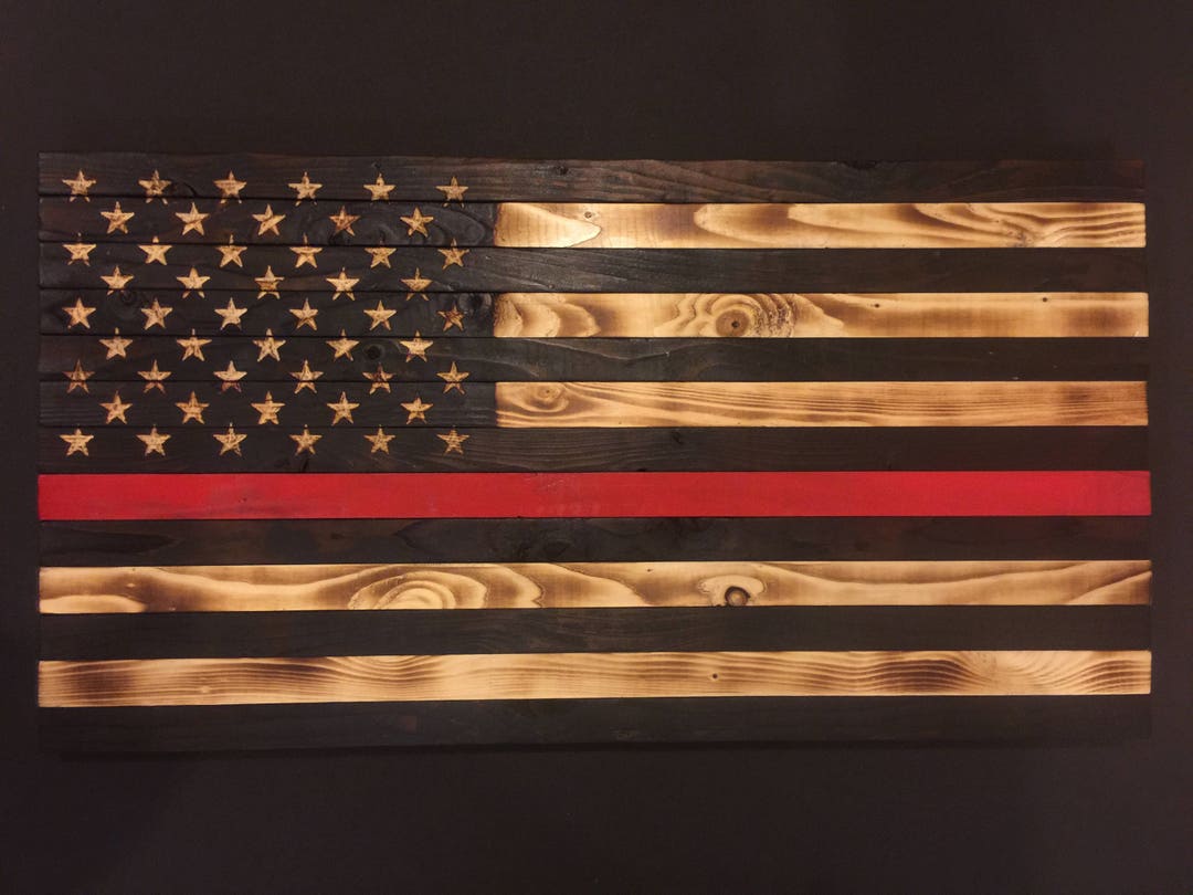Wooden Red Line Flag, Customizable Flag, Wood Burned Flag, Rustic Flag ...