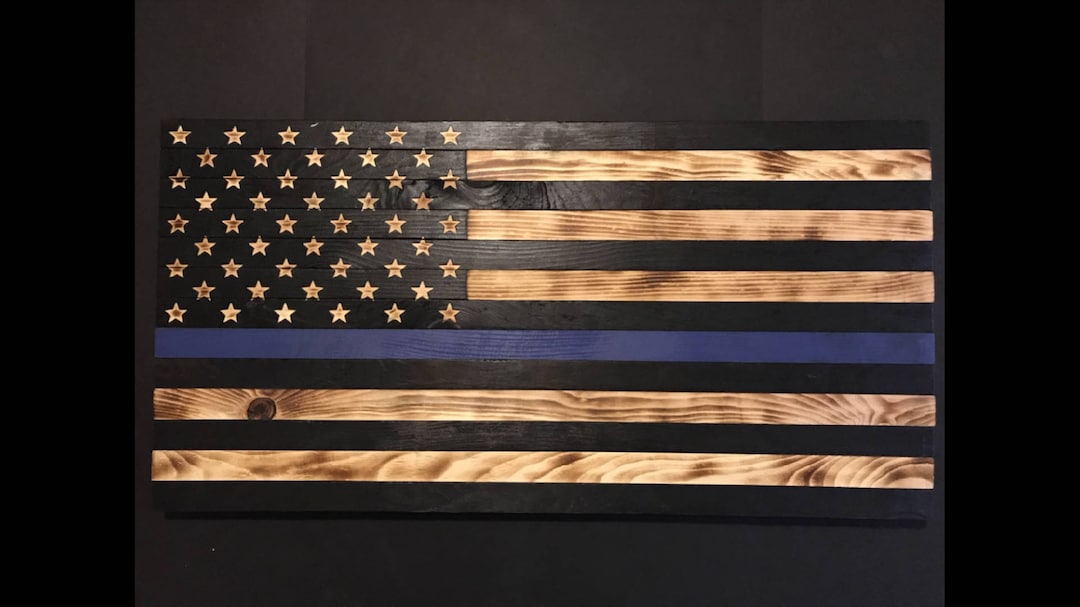 Wooden Blue Line Flag, Customizable Flag, Wood Burned Flag, Rustic Flag ...