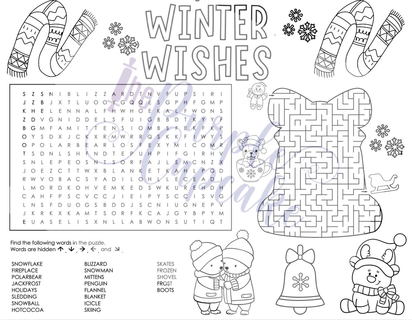 Winter Activity Mat • Kids' Coloring Page, Maze, Word Search (instant ...