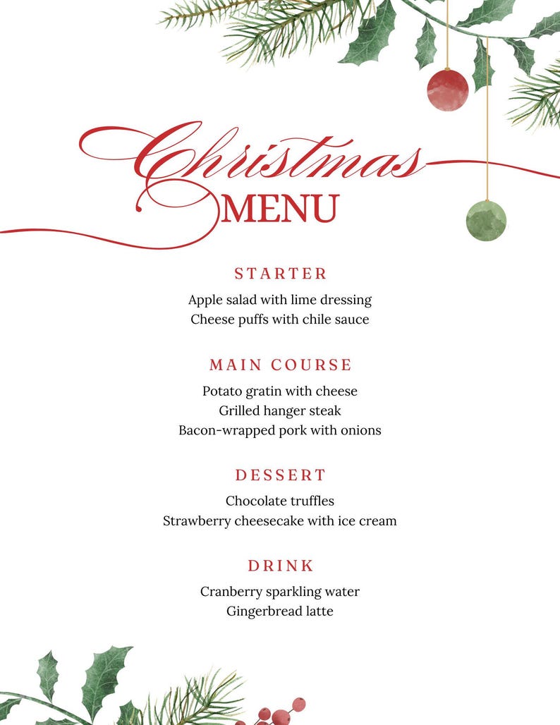 Editable Christmas Menu Templates • 4 Holiday Designs (digital Download ...