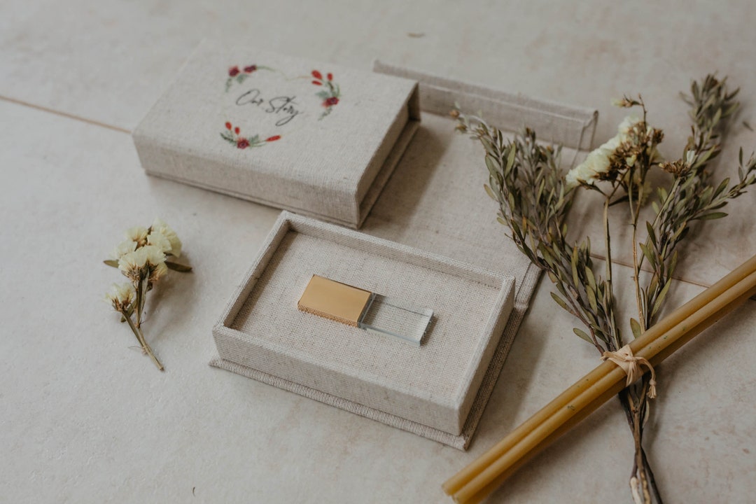 Wedding USB Box With Crystal USB Flash Drive 3.0 Linen USB Box and ...