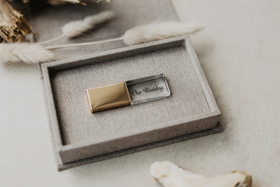 Personalized Linen USB Box and Glass USB Drive | Light Gray Wedding USB ...