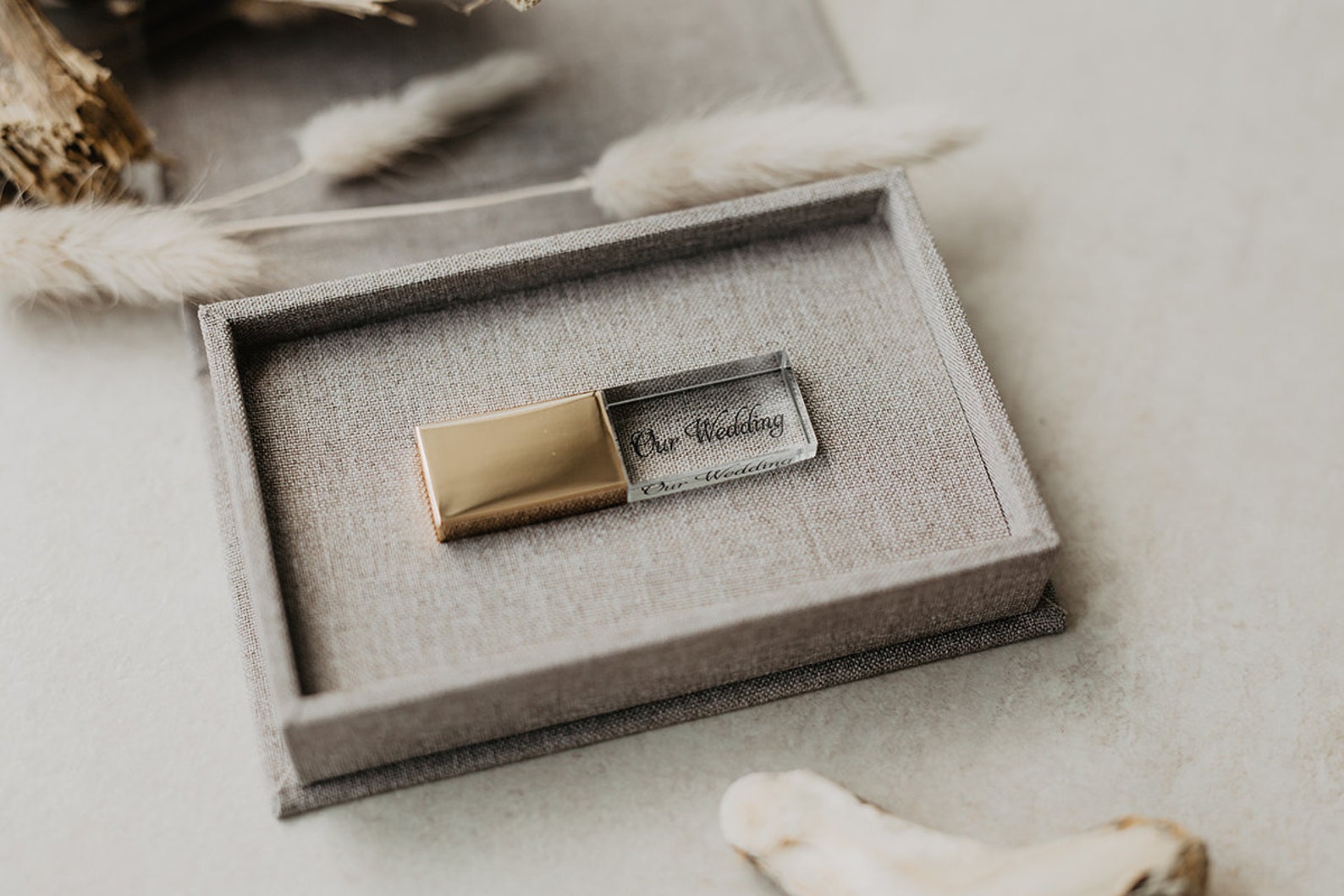Personalized Linen USB Box and Glass USB Drive | Light Gray Wedding USB ...