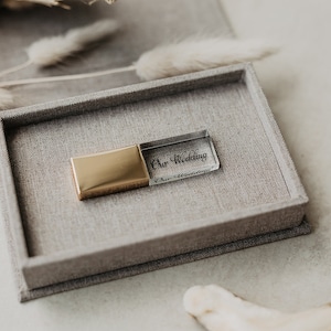 Personalized Linen USB Box and Glass USB Drive | Light Gray Wedding USB ...