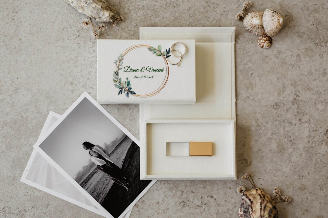 Personalized USB Box and Crystal USB Drive | White Fabric Wedding USB ...