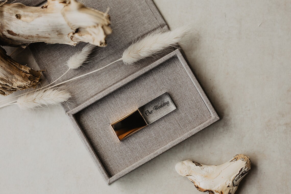 Personalized Linen USB Box and Glass USB Drive | Light Gray Wedding USB ...