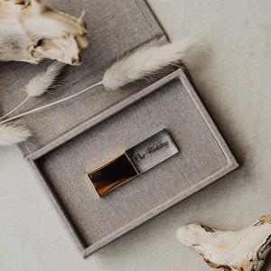 Personalized Linen USB Box and Glass USB Drive | Light Gray Wedding USB ...