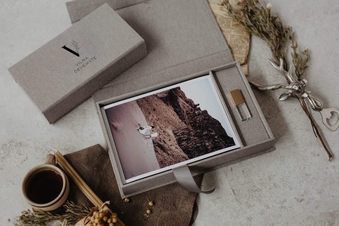 6x8 Linen Photo Box With 3.0 USB Flash Drive | Light Gray Photo Album ...