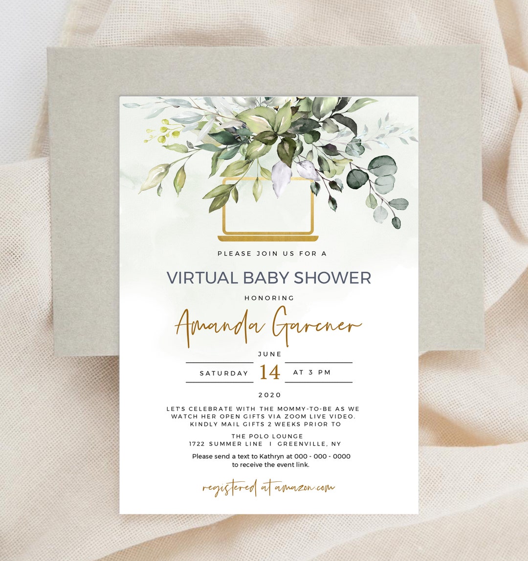 Virtual Baby Shower Invitation Template, Greenery Long Distance Baby ...