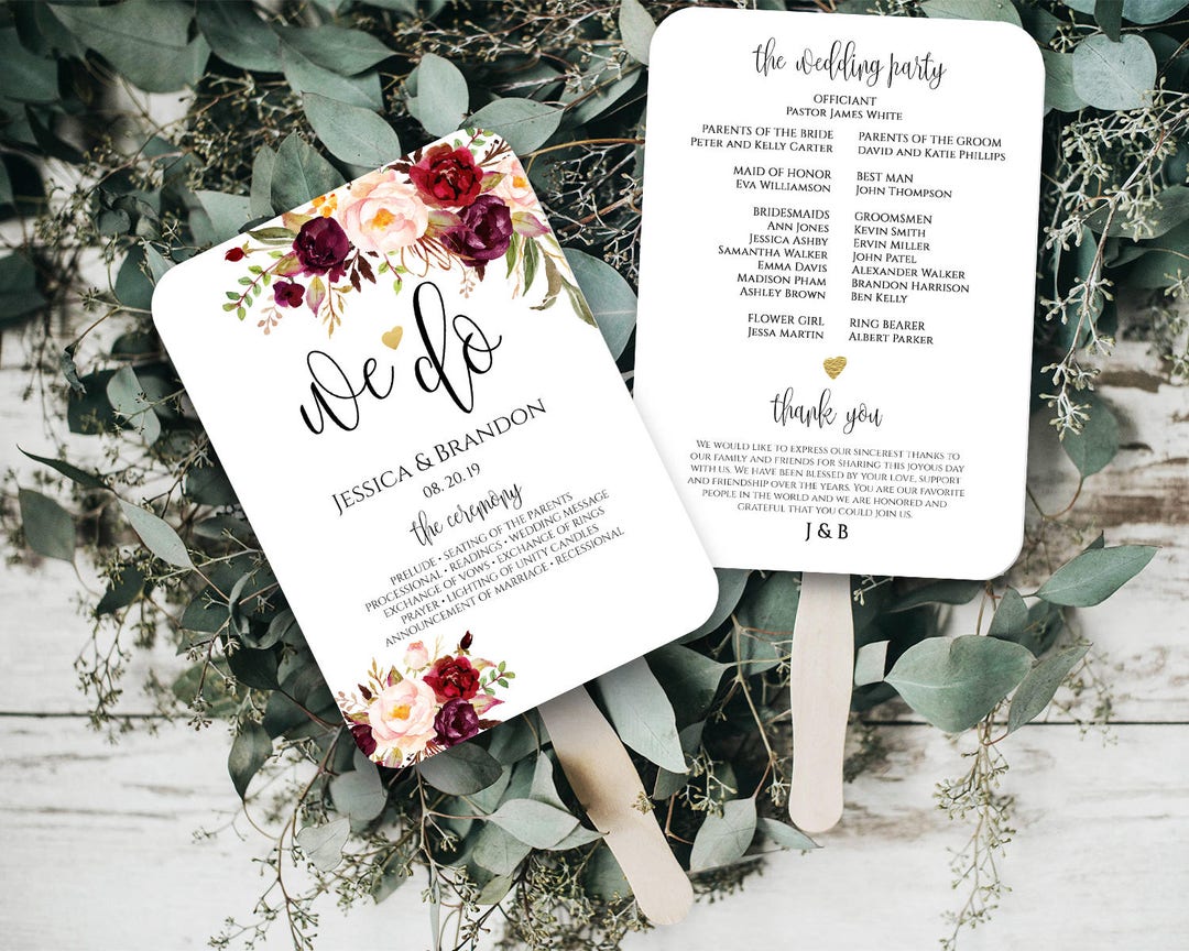 Burgundy Floral Wedding Program Fan Template (editable PDF), Boho Chic ...