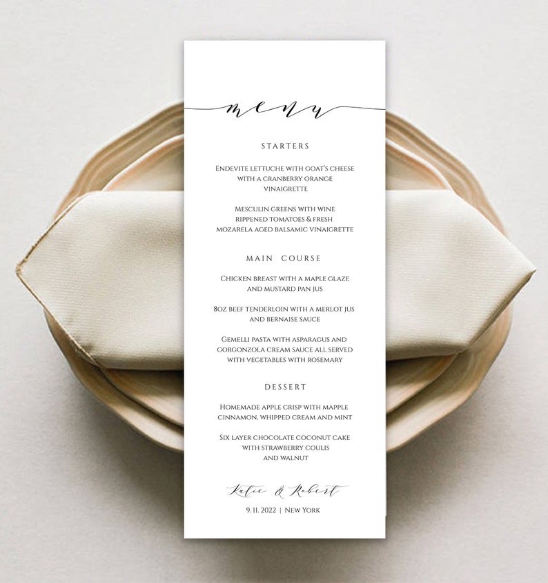 Minimalist Menu Card Printable Wedding Menu Template Instant - Etsy
