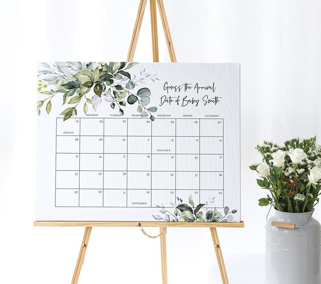 Greenery Baby Shower Due Date Calendar, Guess Arrival Date Game Sign ...