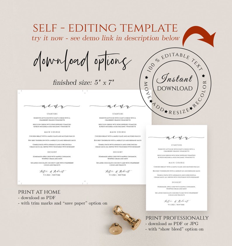 Minimalist Menu Card Printable Wedding Menu Template Instant - Etsy