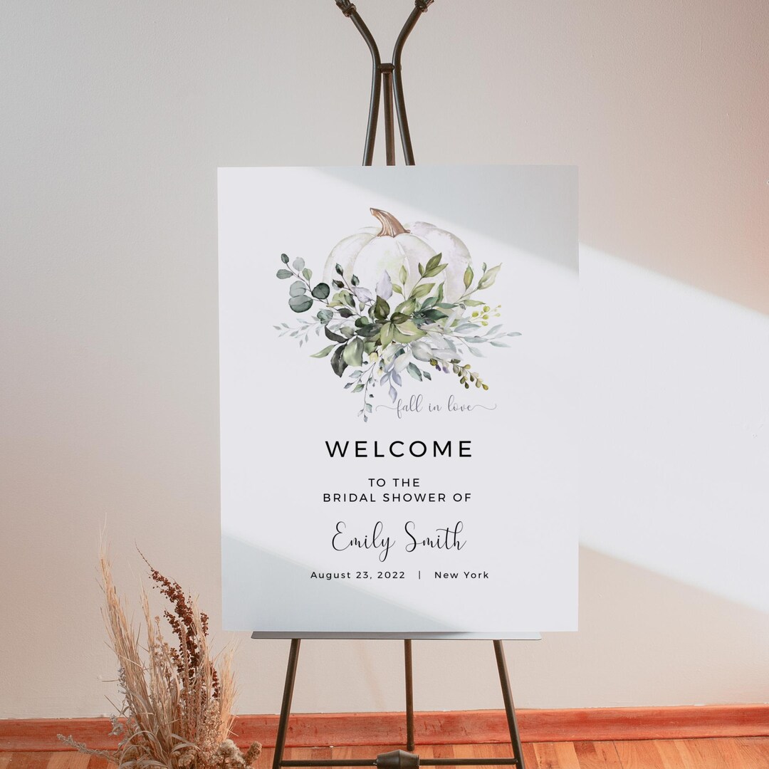 Fall in Love Welcome Sign: White Pumpkin Bridal Shower (instant ...